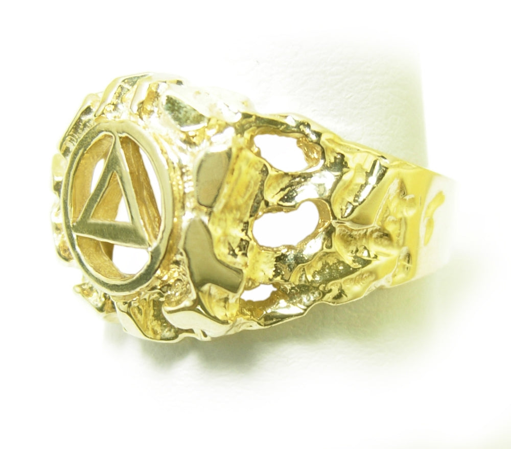 14k Gold, Mens Ring with Alcoholics Anonymous AA Symbol in a Wide Nugg ...